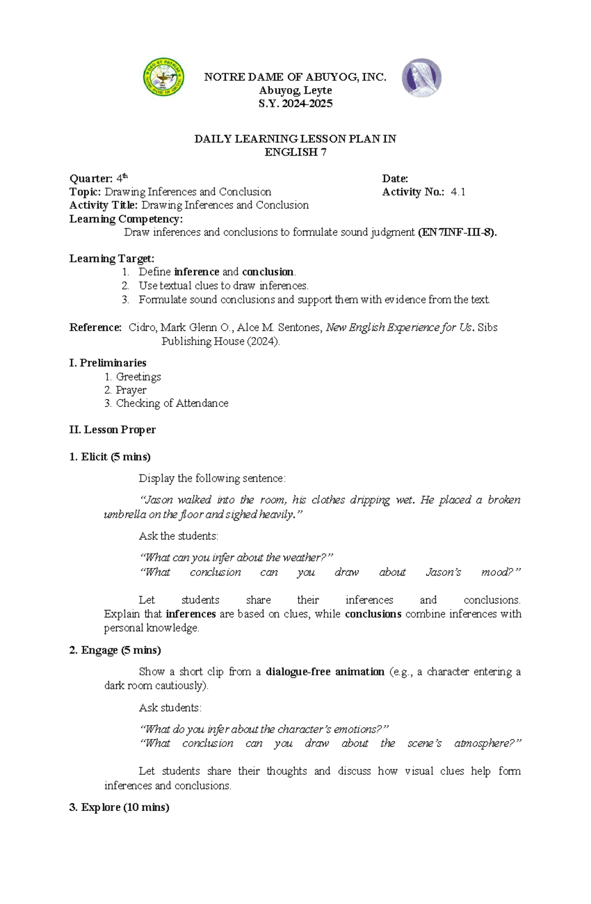 DAILY LEARNING LESSON PLAN IN ENGLISH 7: Drawing Inferences ...
