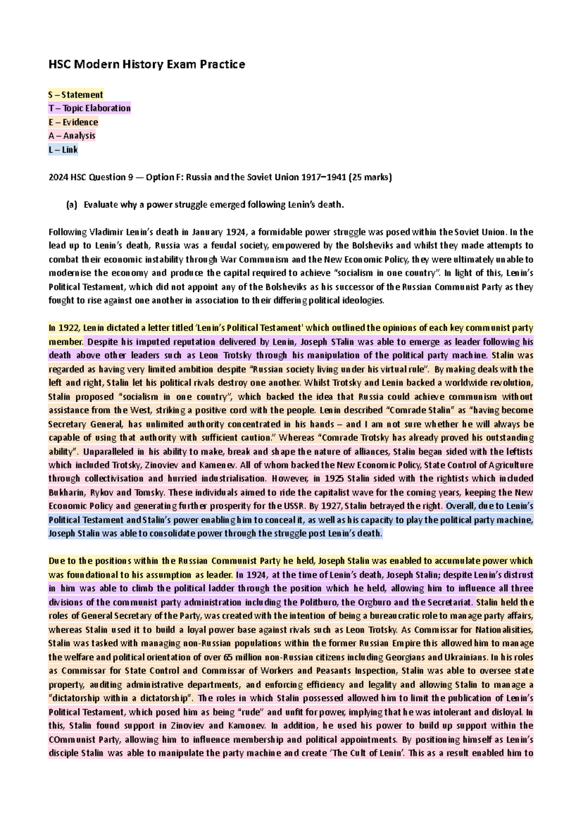 HSC Modern History Exam Practice: Power Struggle in Soviet Union Post ...