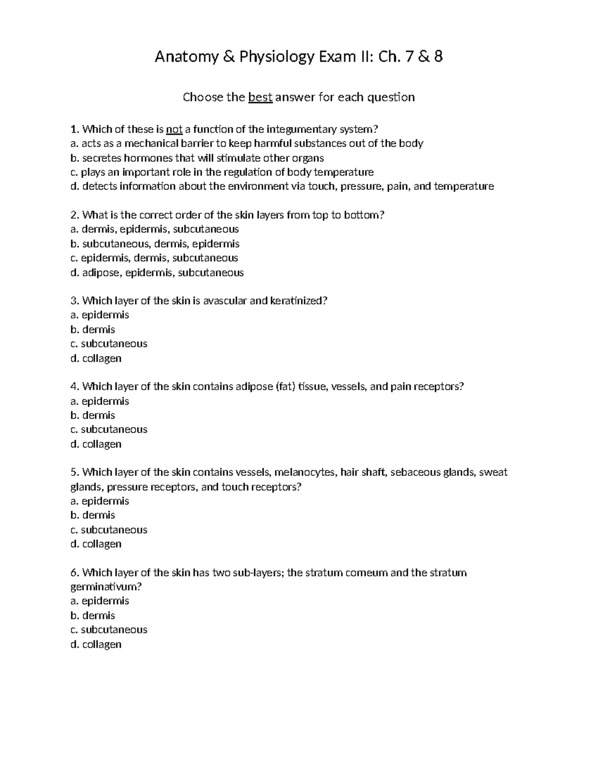 Anatomy & Physiology Exam II: Integumentary & Skeletal Systems - Studocu