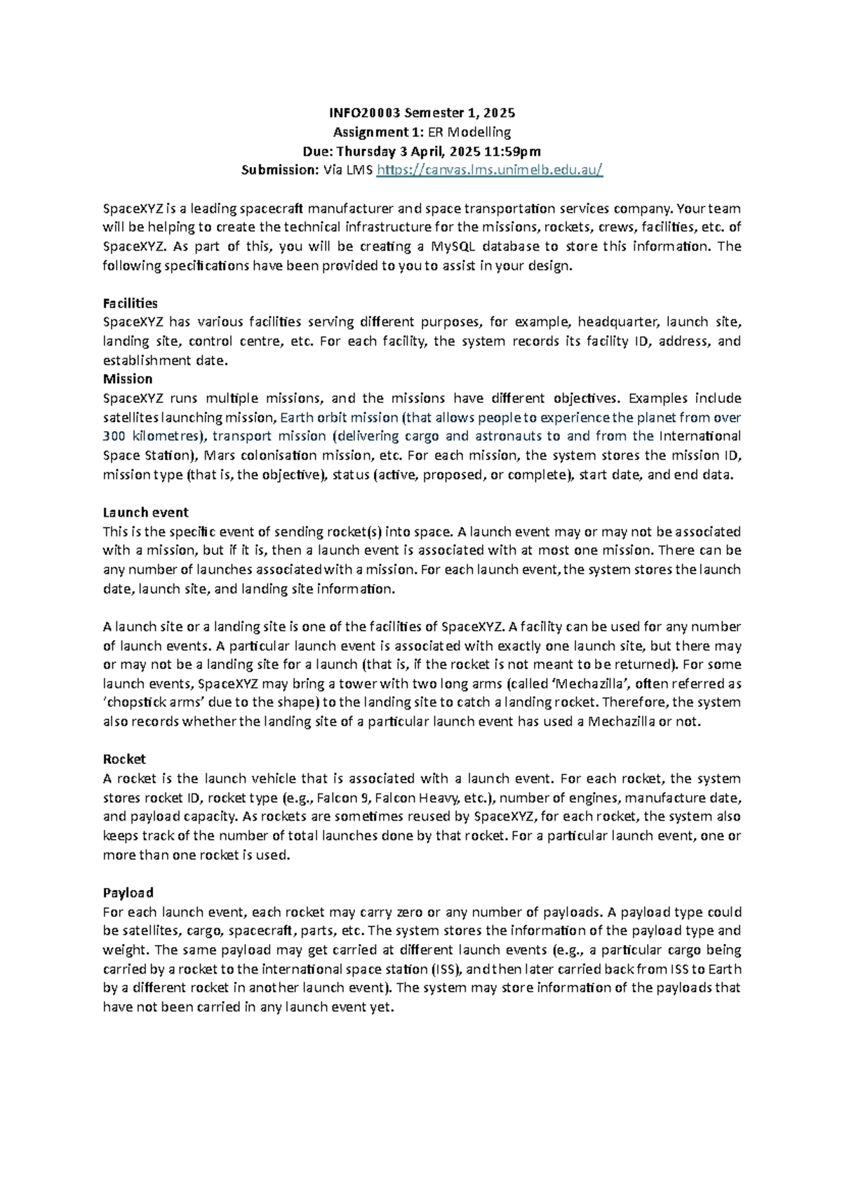 INFO20003 Semester 1 2025: ER Modelling Assignment 1 Details - Studocu
