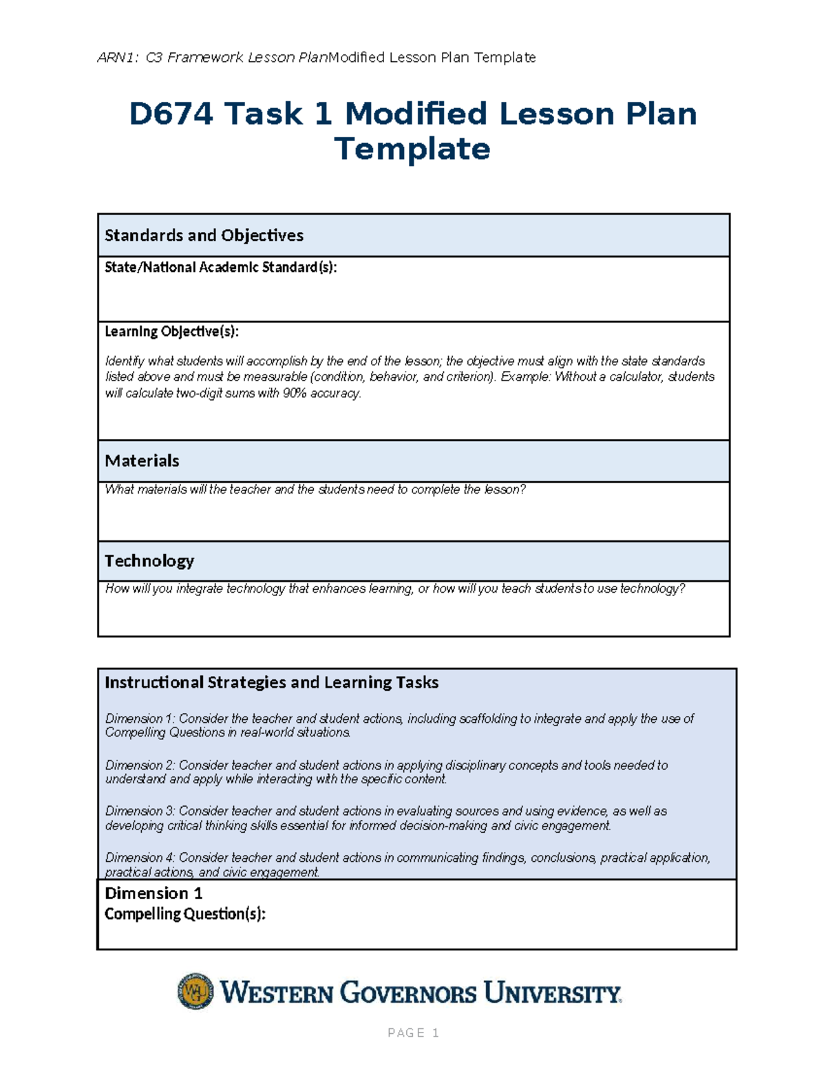 ARN1: C3 Framework Modified Lesson Plan Template D674 Task 1 - Studocu