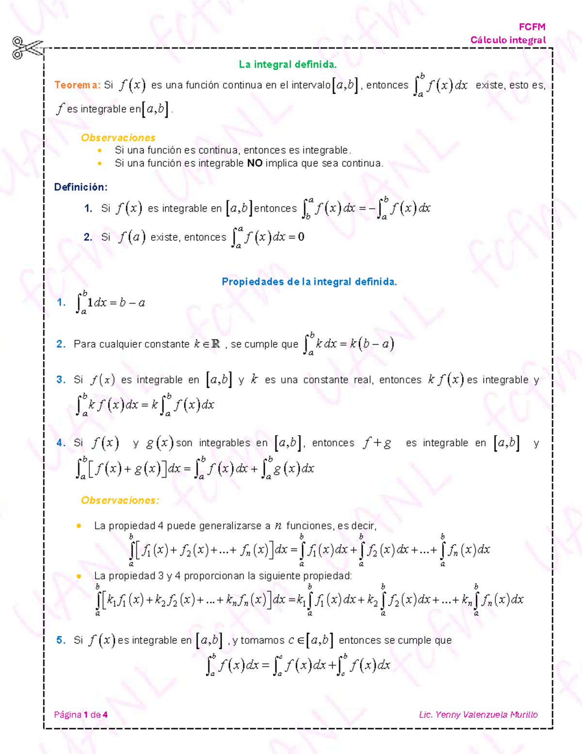 FCFM Cálculo Integral: Teoremas y Propiedades de la Integral Definida ...