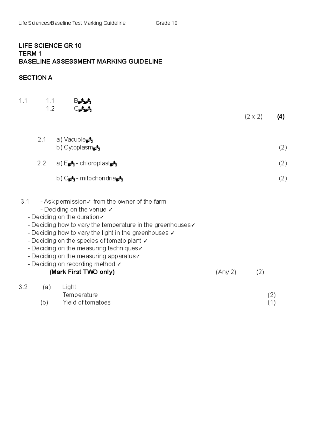 Grade 10 LIFE SCIENCE GR 10 Term 1 Baseline Assessment Memo - Studocu