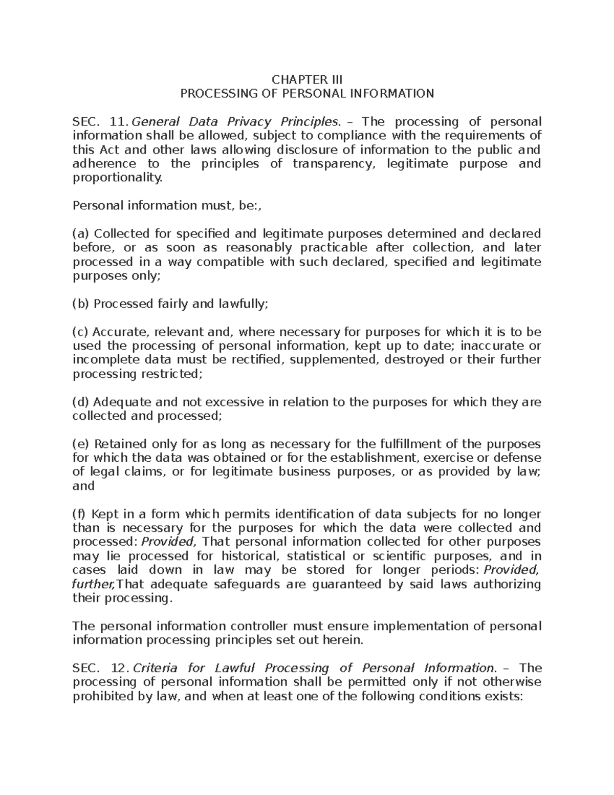 Data Privacy Act - Chapter III: Principles of Personal Info Processing ...