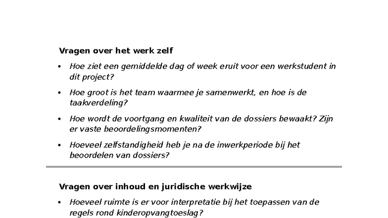 Vragen over het Werk en Begeleiding - Eiffel Project - Studeersnel