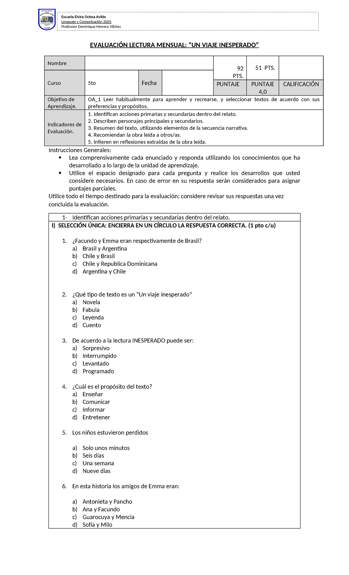 Evaluación Lectura Mensual: UN Viaje Inesperado - 5to Curso 2025 - Studocu