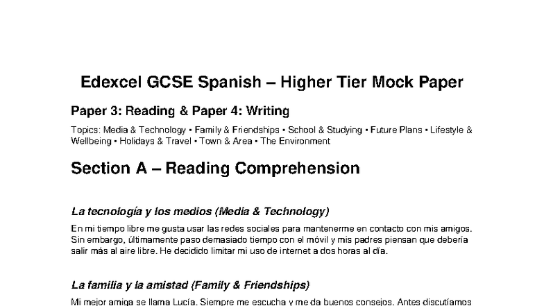 Edexcel GCSE Spanish Higher Tier Mock Paper: Reading & Writing - Studocu