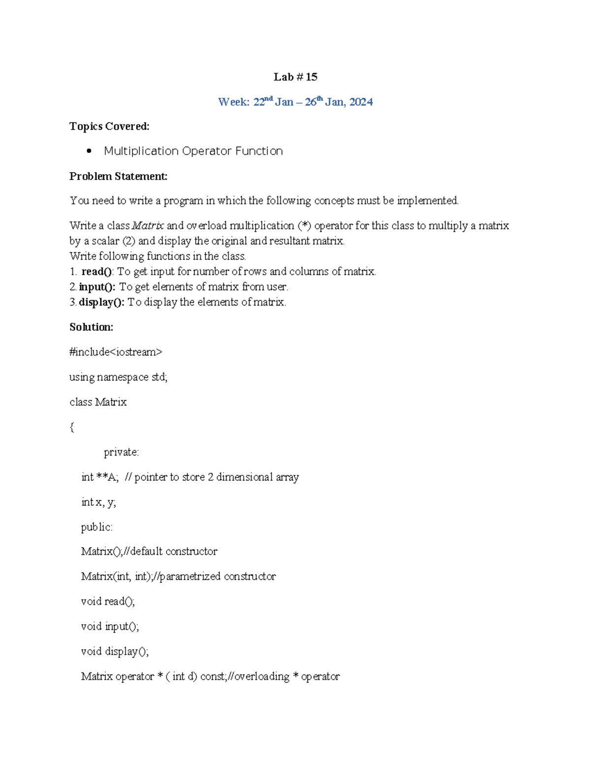 CS201 Lab #15: Implementing Matrix Class with Operator Overloading - Studocu