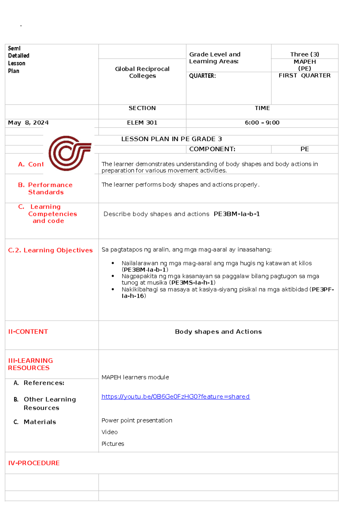 Lesson Plan in PE 1 for Grade 3 - BEED First Quarter - Studocu