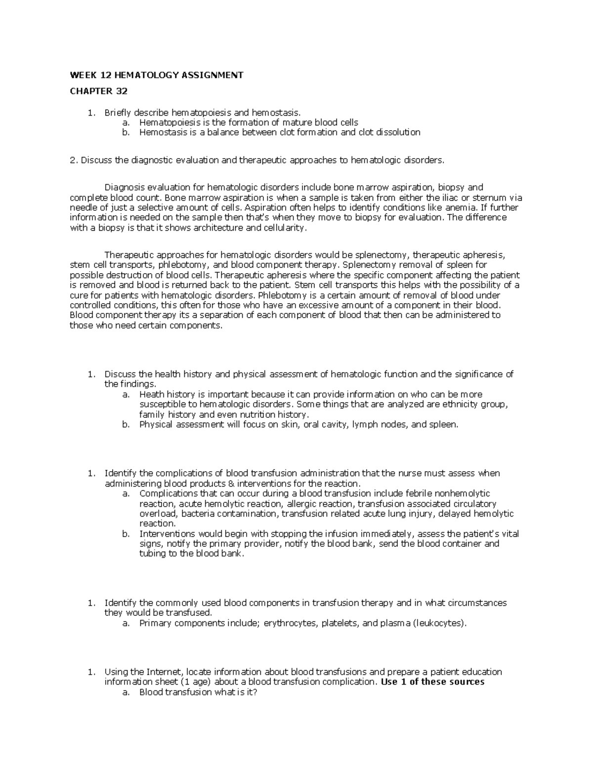 Hematology worksheet - WEEK 12 HEMATOLOGY ASSIGNMENT CHAPTER 32 Briefly ...