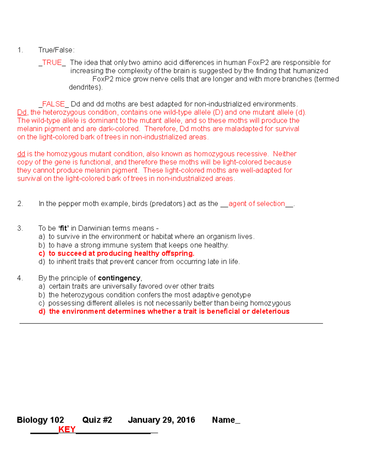 Biology 102 Unannounced Quizzes Examples from Spring 2016 - Studocu