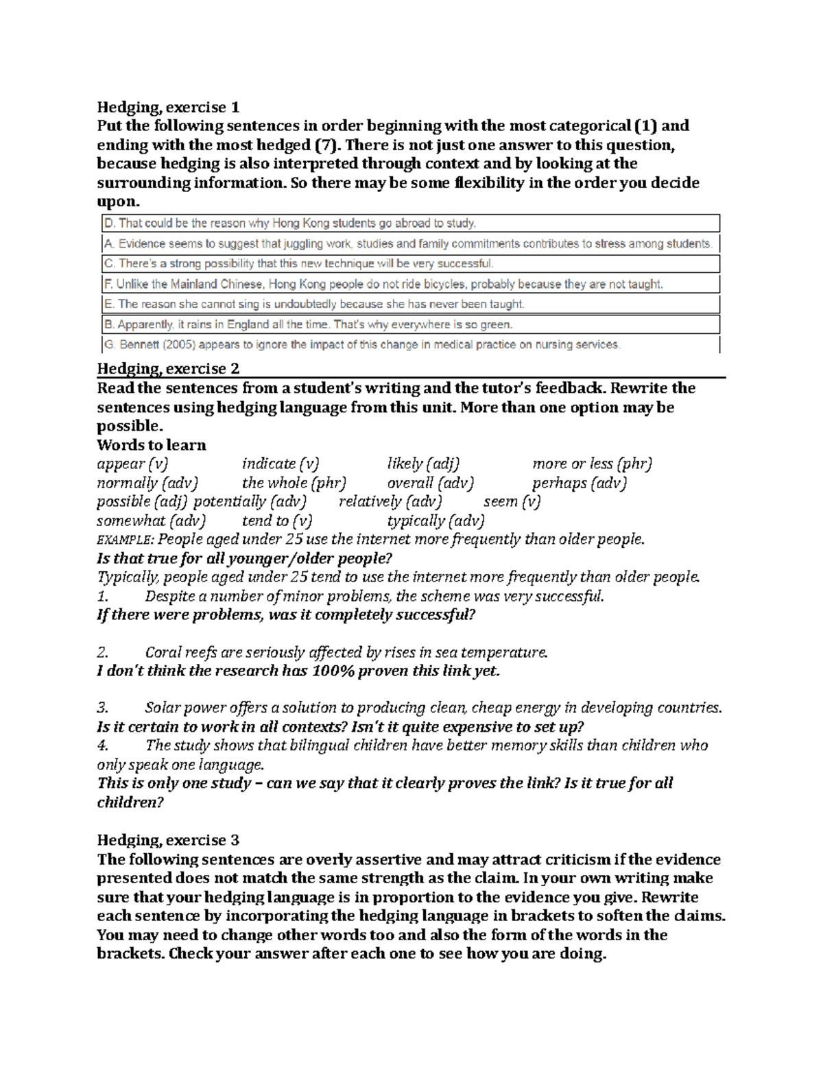 Unit 5 Hedging Exercises: Enhancing Academic Writing Skills - Studocu