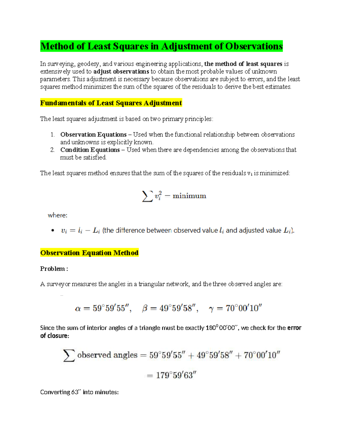 Least Squares Adjustment Methods in Surveying and Geodesy (ENG 301 ...