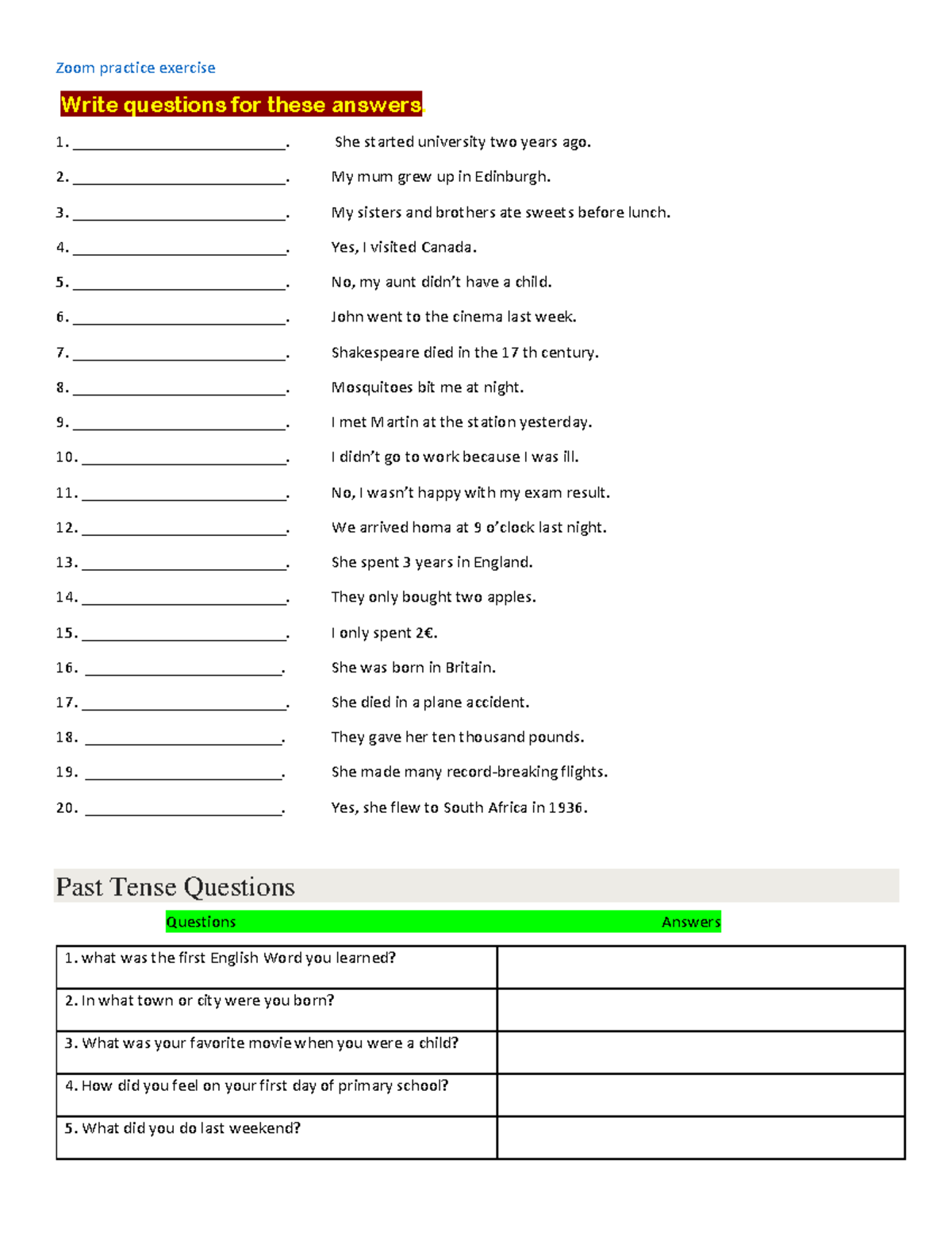 Zoom Practice Exercise: Questions & Answers on Simple Past - Studocu