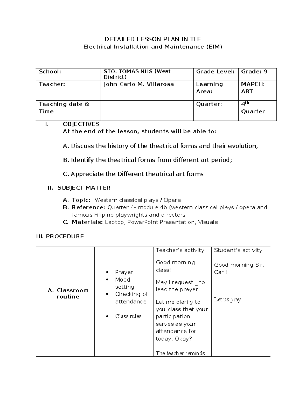 MAPEH 9: Detailed Lesson Plan on Theatrical Forms and Opera - Studocu
