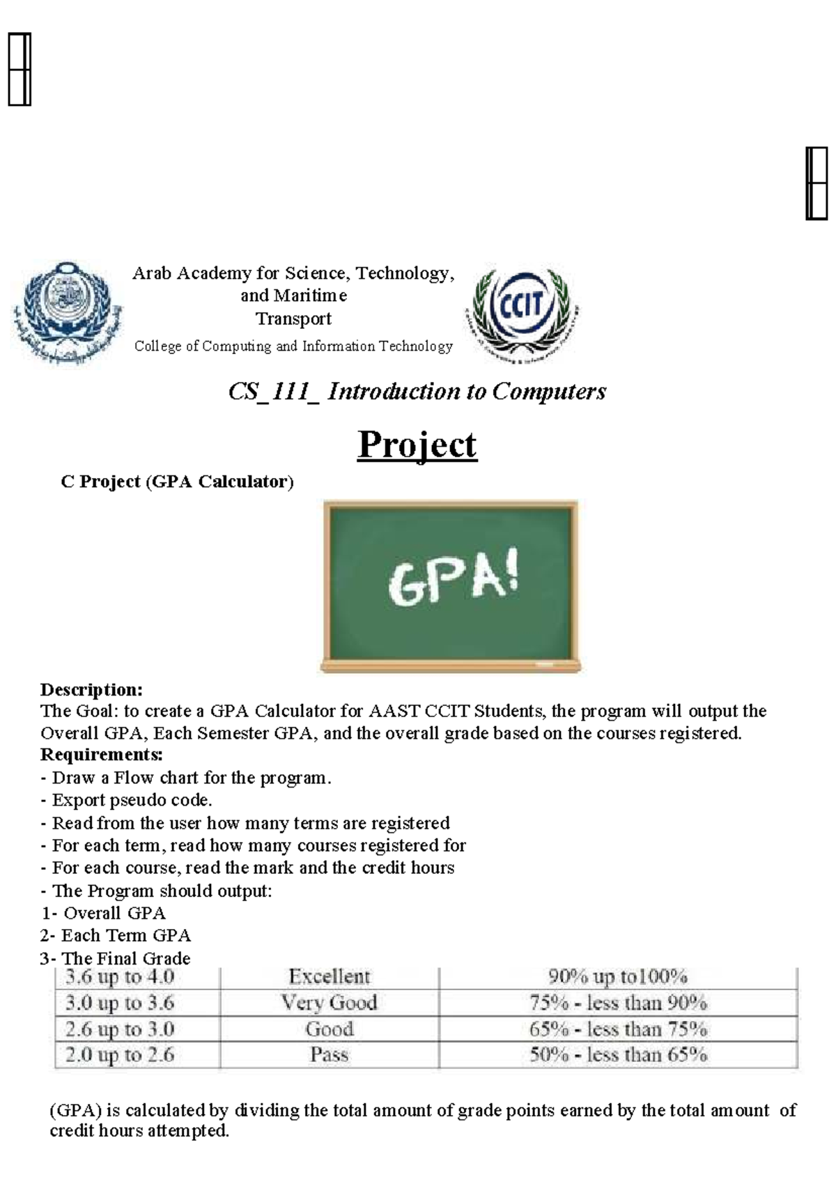 GPA Calculator Project (C Language) - AAST CCIT Fall 2025 - Studocu