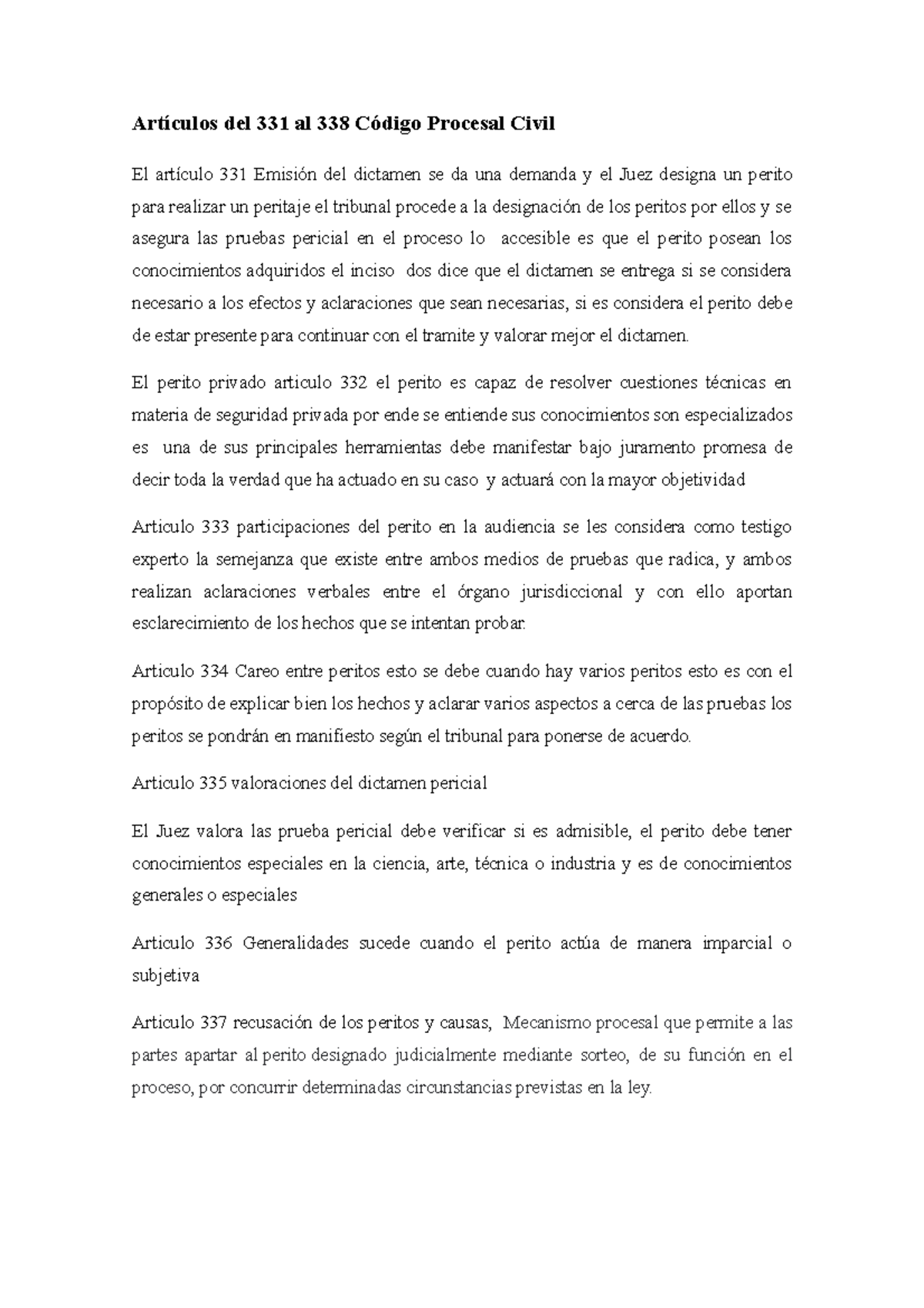 Ariculos 331 AL 338 CPC - artículos - Artículos del 331 al 338 Código Procesal Civil El artículo ...