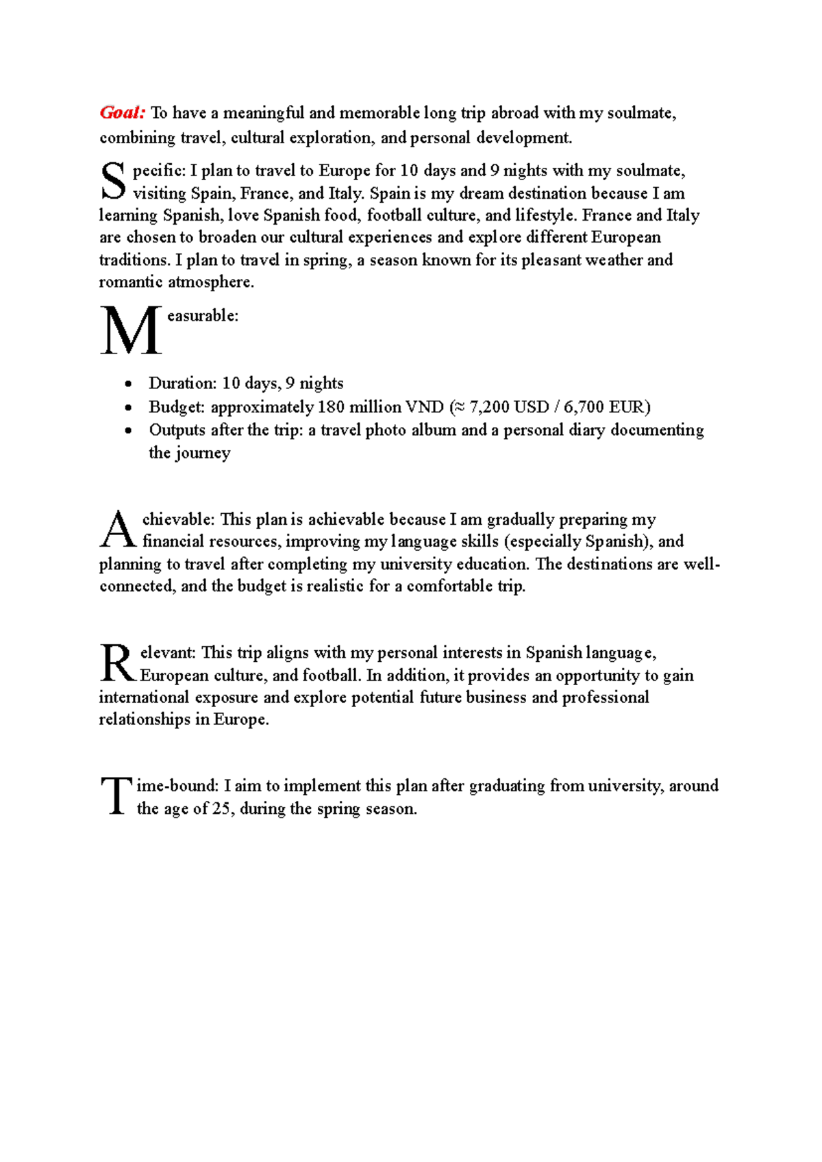 SMART Goal Plan for a Memorable Trip Abroad with My Soulmate - Studocu
