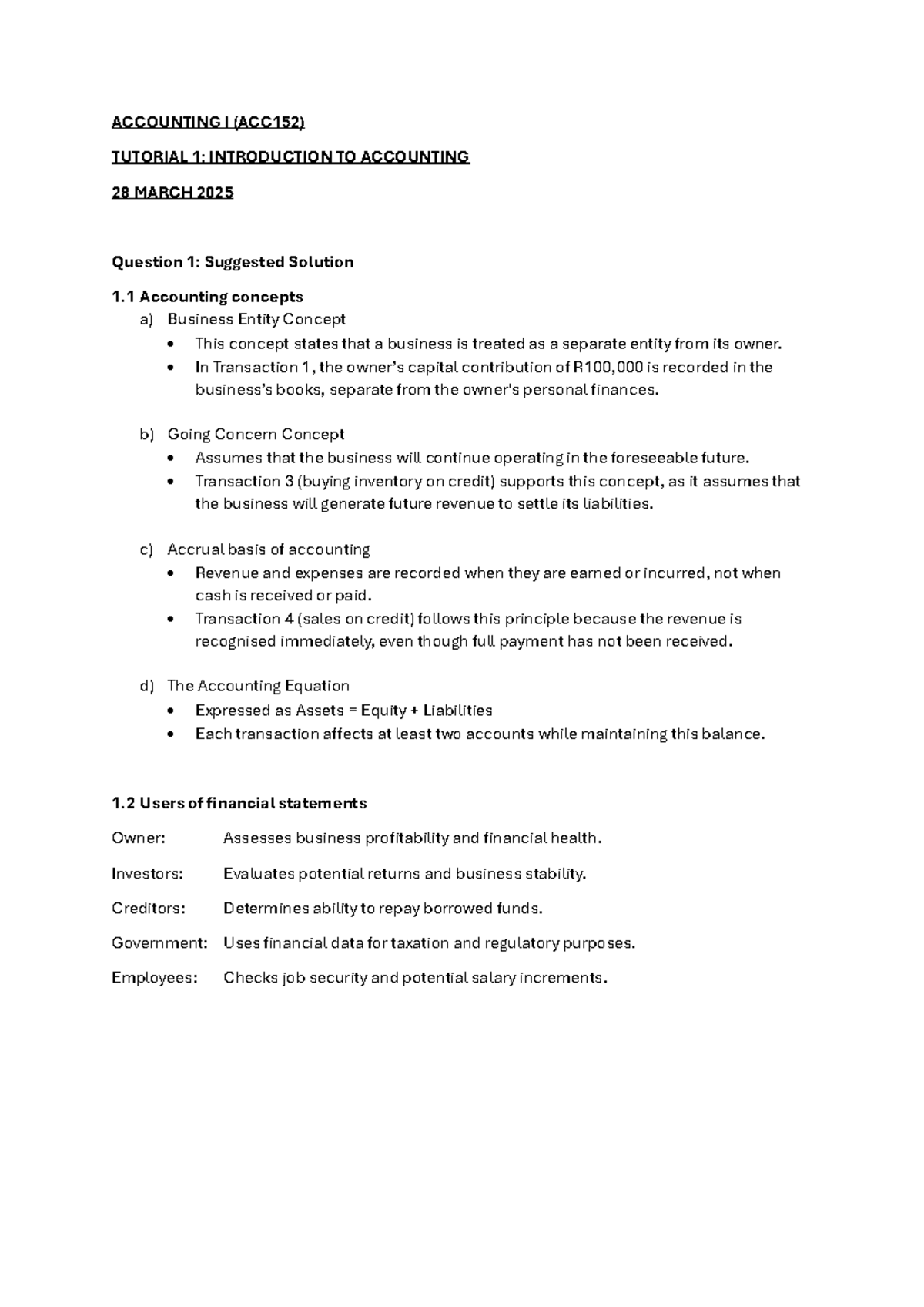 ACC152 TUTORIAL 1 SOLUTIONS: INTRO TO ACCOUNTING CONCEPTS - Studocu