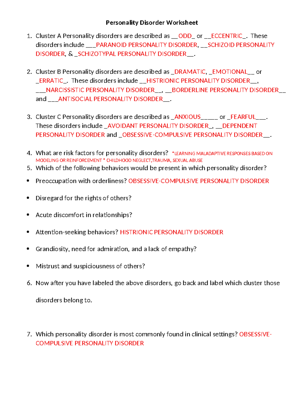 Personality Disorder Worksheet 1: Understanding Clusters A, B, and C ...