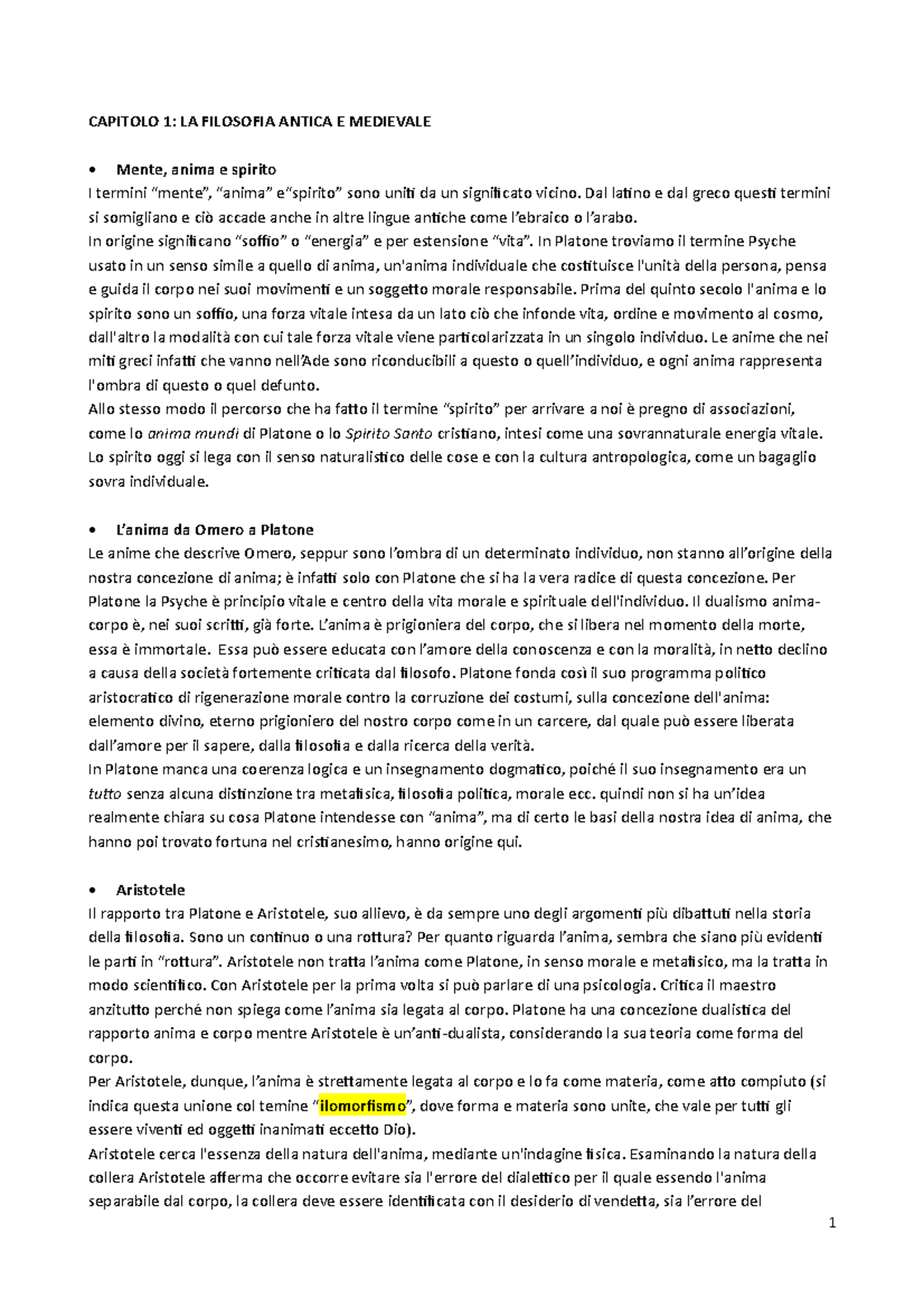 L'anima e corpo - CAPITOLO 1: LA FILOSOFIA ANTICA E MEDIEVALE Mente ...