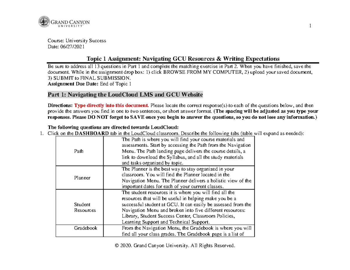 UNV-103-T1- GCUResourcesand Writing Expectations Worskheet-Online ...