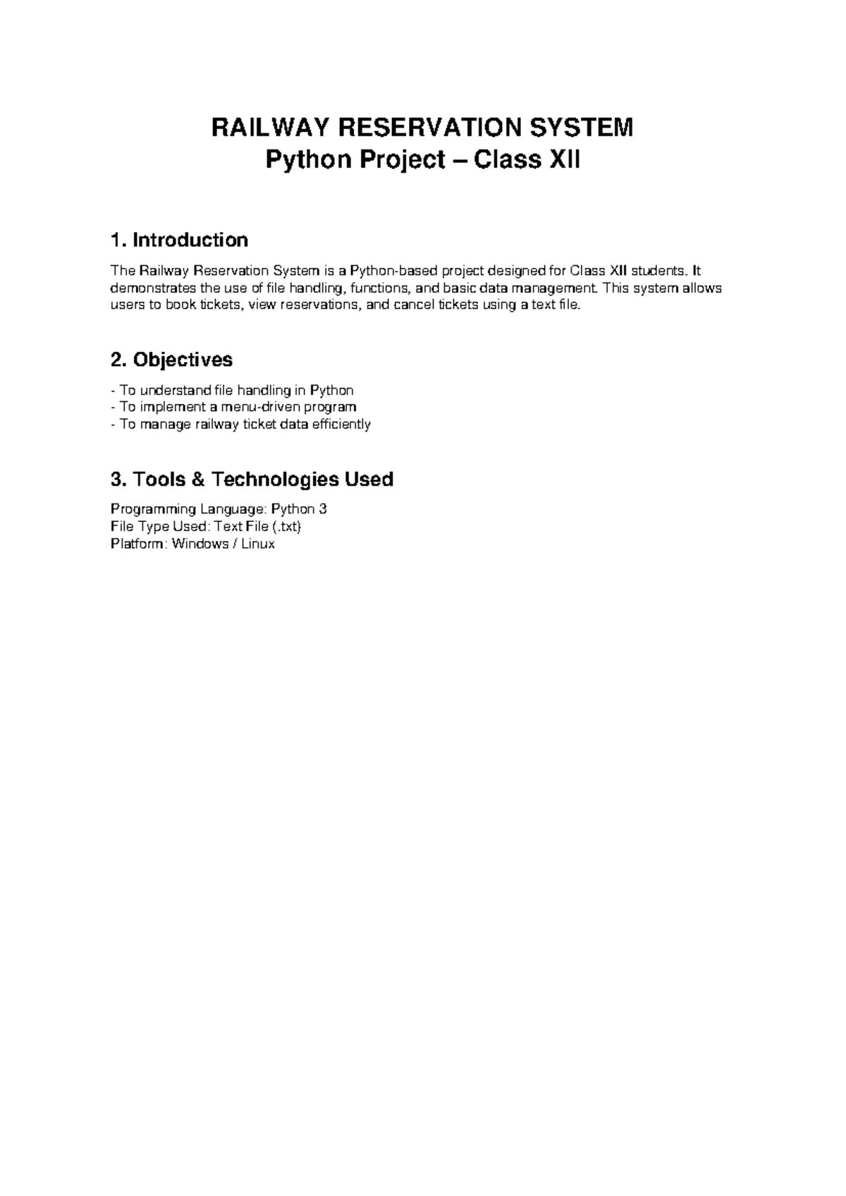 Railway Reservation System Project Class XII - Python Overview - Studocu