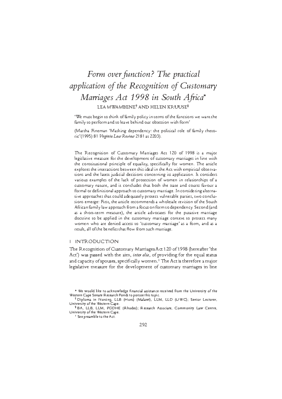 Form Over Function? Analyzing the Recognition of Customary Marriages ...