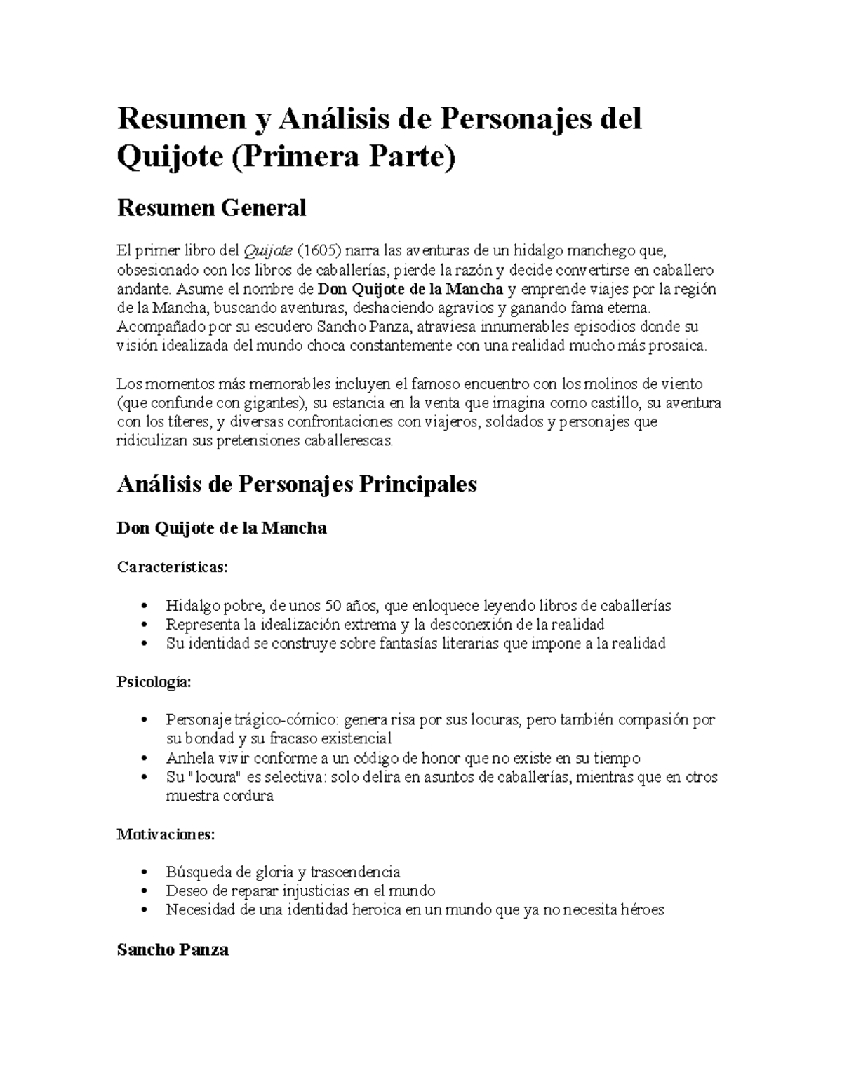 Resumen y Análisis de Personajes del Quijote (1er Libro) - Studocu