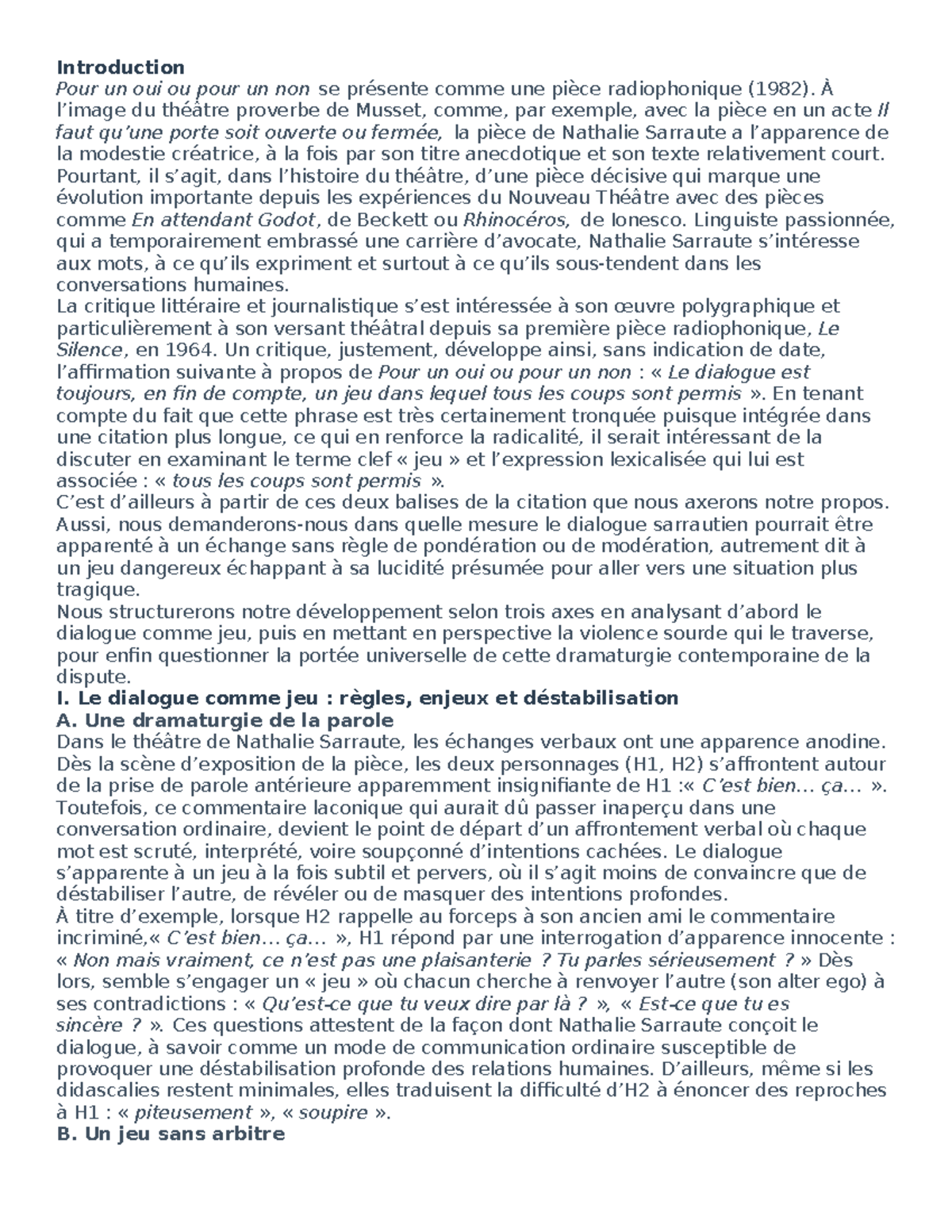 Dissertation sur "Pour un oui ou pour un non" de Nathalie Sarraute ...