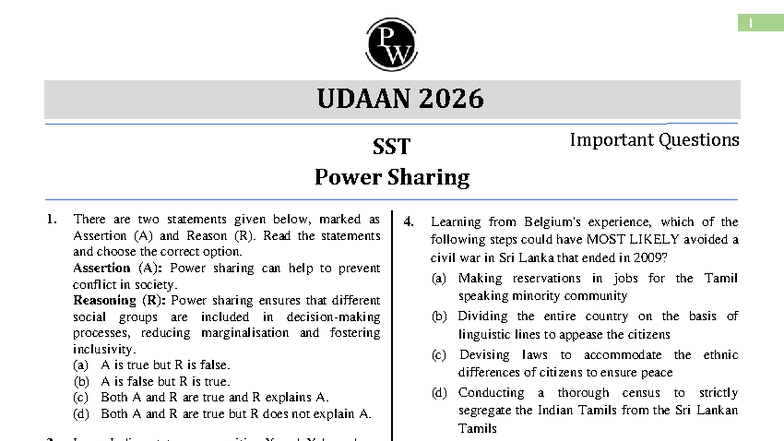 Hypc Class 10 - PW Batch 2026: Power Sharing Concepts and Questions ...