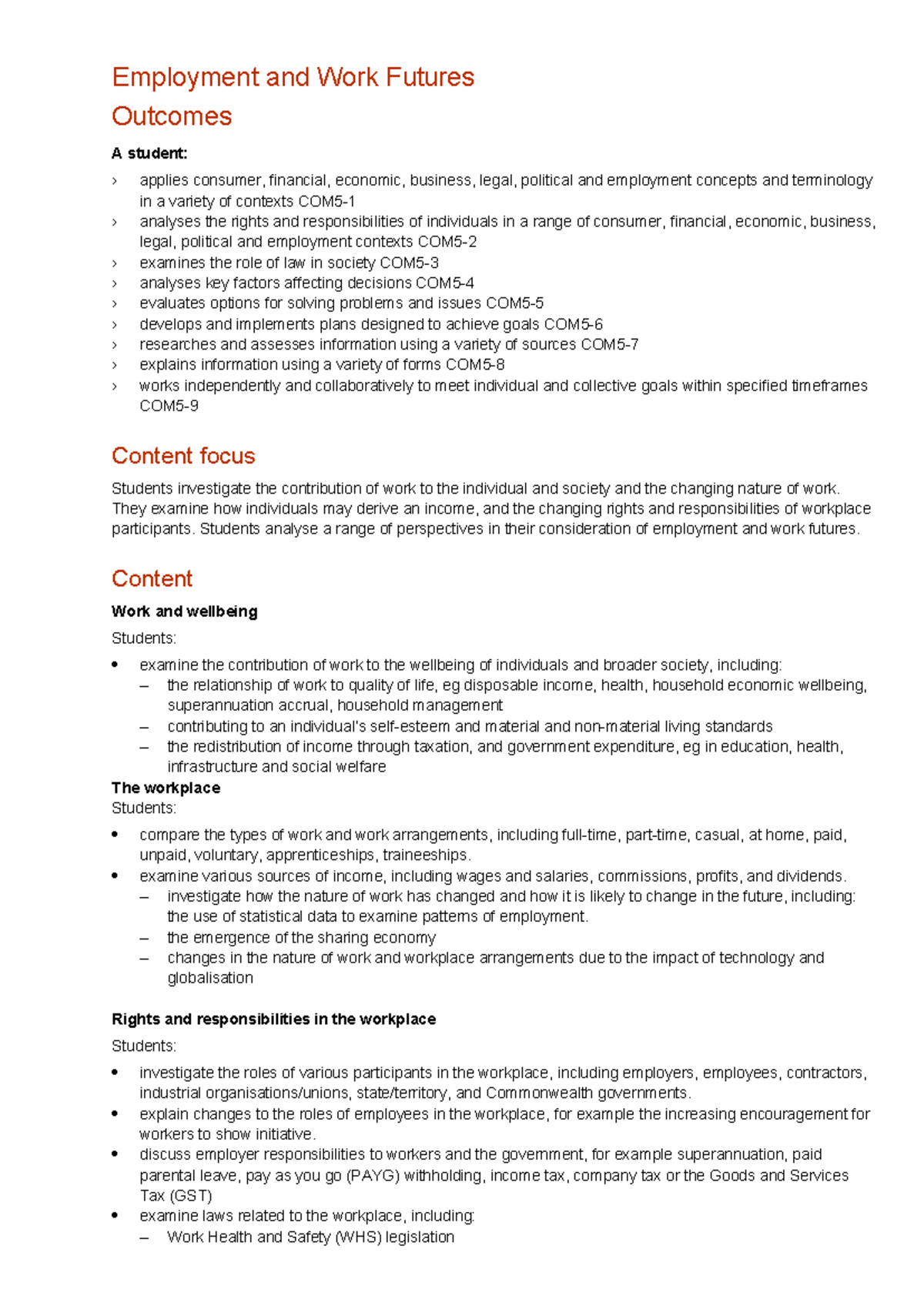 Commerce Topic Outline: Employment & Work Futures Outcomes - Studocu