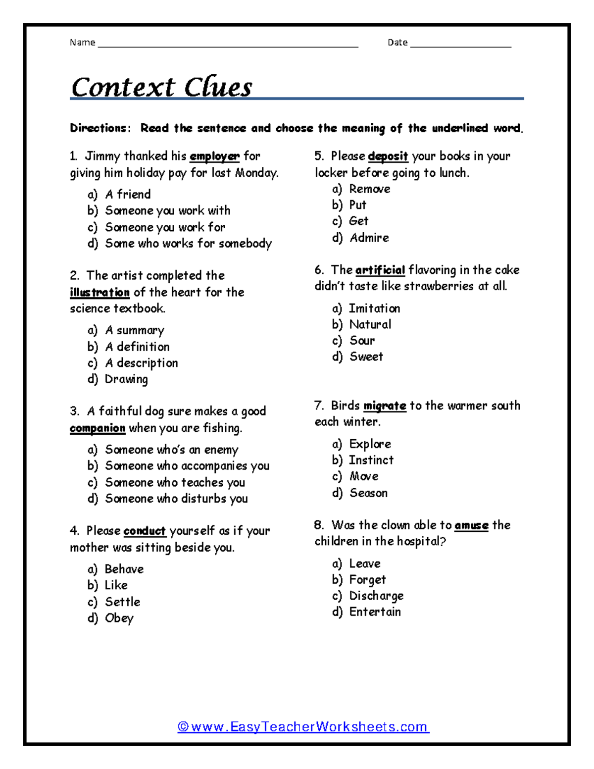 Worksheets about Context clues - Name ...