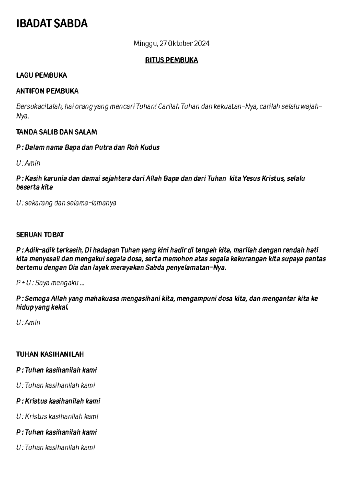 Ibadat Sabda BIA 27 Oktober 2024: Ritus dan Doa Pembuka - Studocu