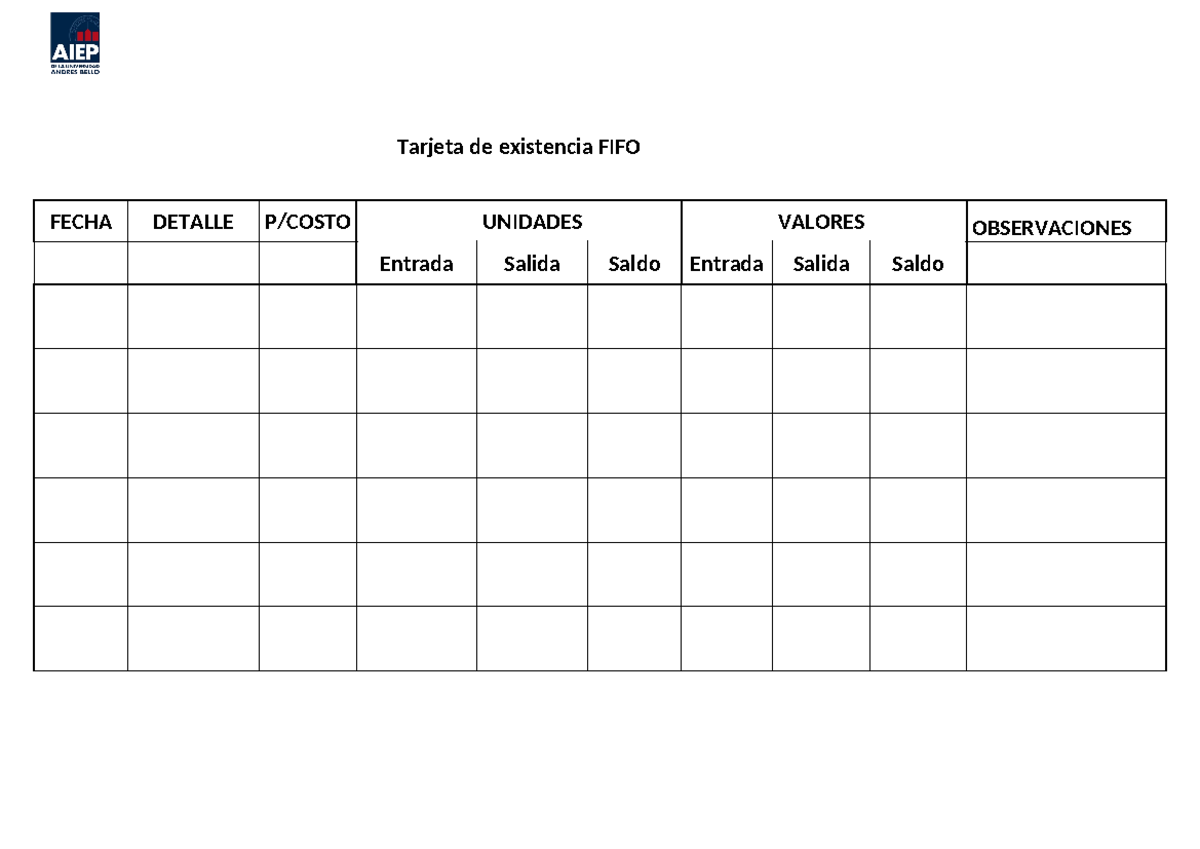 Tarjeta de existencia FIFO - contabilidad de costos - Tarjeta de ...