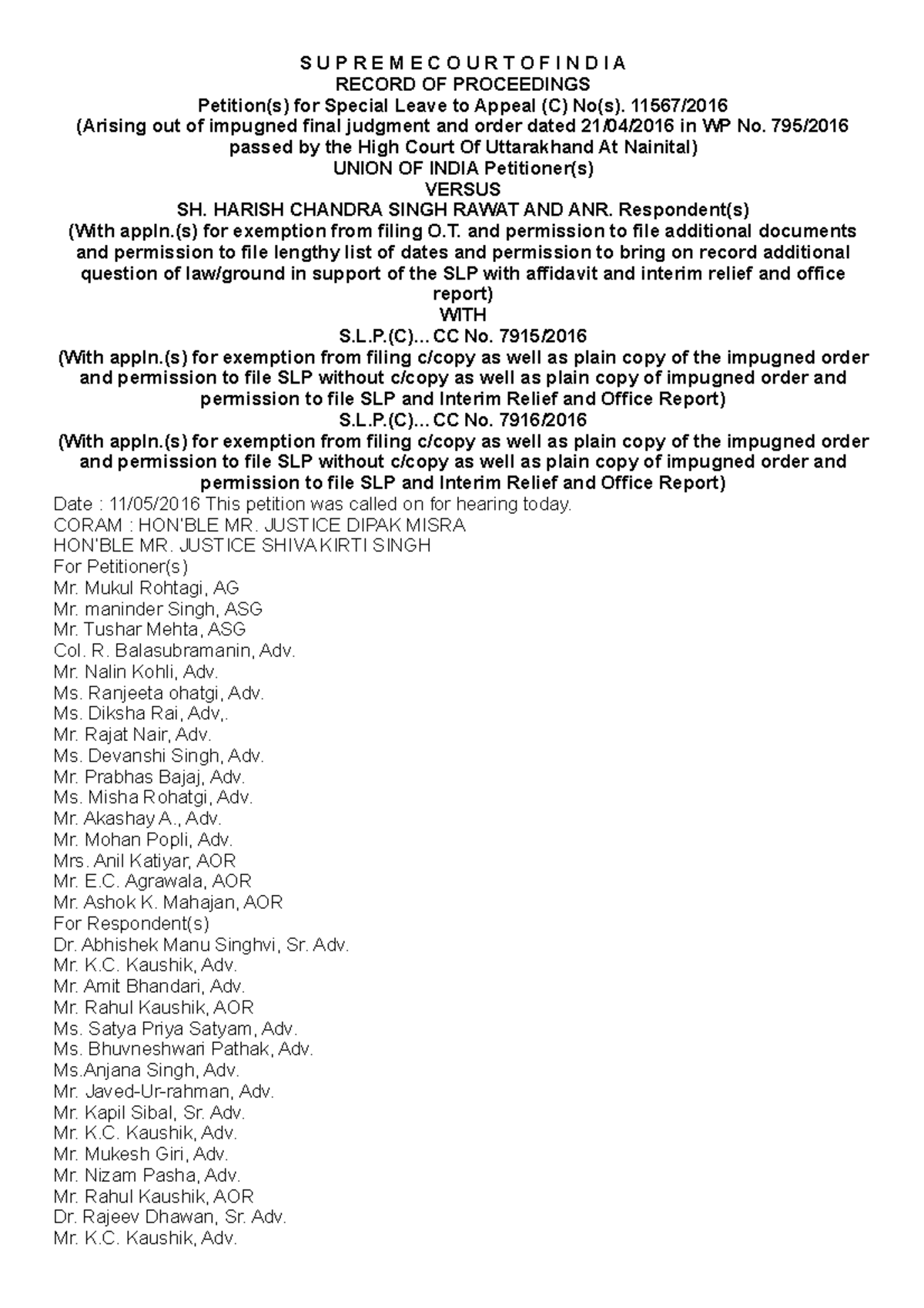 Union of India vs. Harish Rawat: SLP Proceedings Summary - Studocu