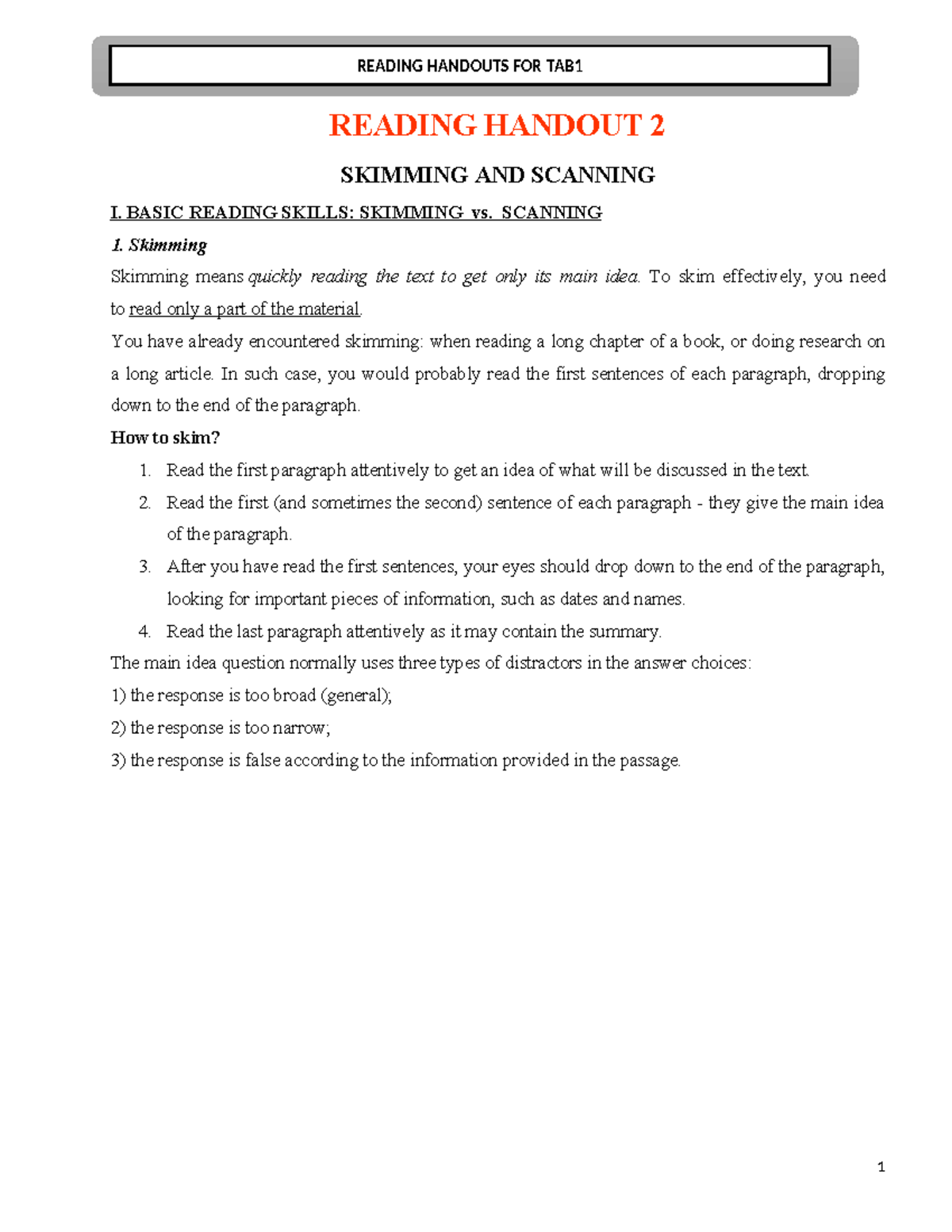 Reading Handout 2: Skimming and Scanning Techniques for TAB1 - Studocu