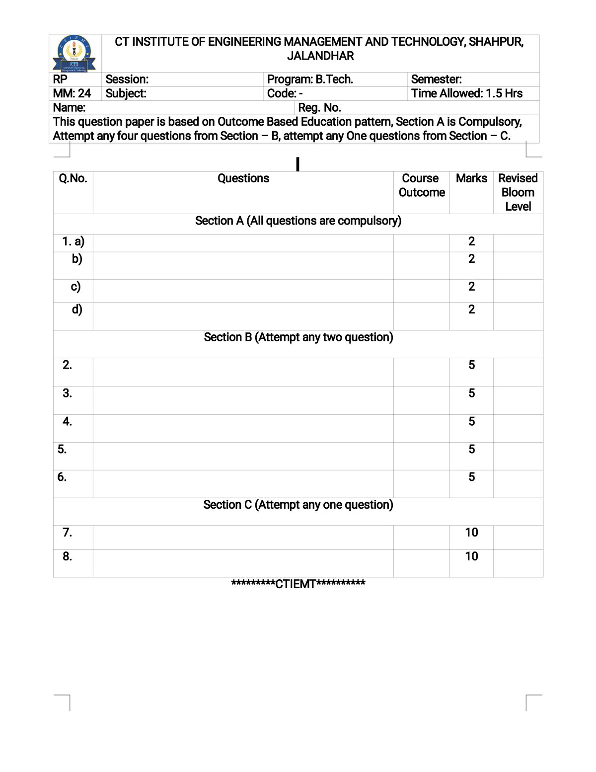 Sample Question Paper for INternal Reappear exam Converted - CT ...