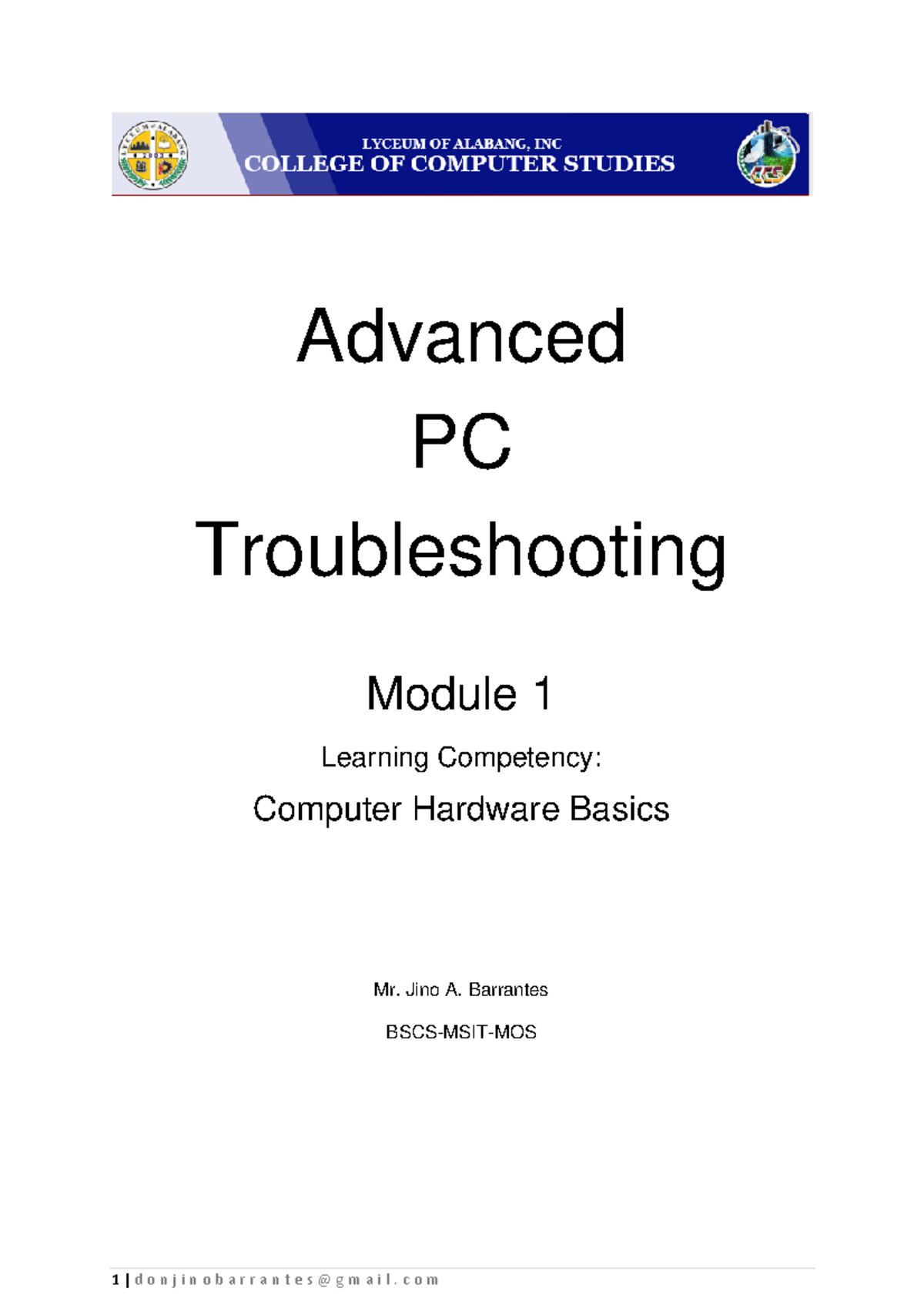 Module 1 Computer Hardware Basics - Advanced PC Troubleshooting Module 1 Learning Competency ...