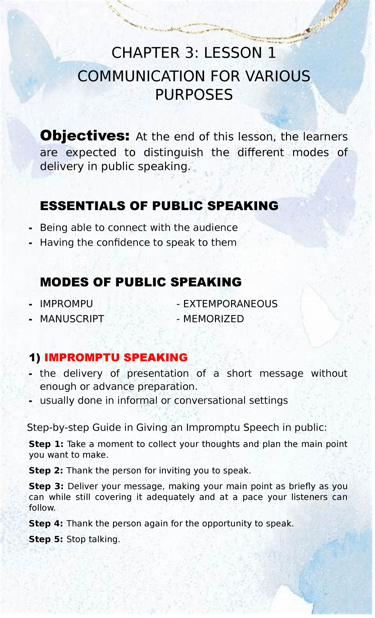 COMM 101: Chapter 3 - Lesson on Public Speaking Modes and Tips - Studocu