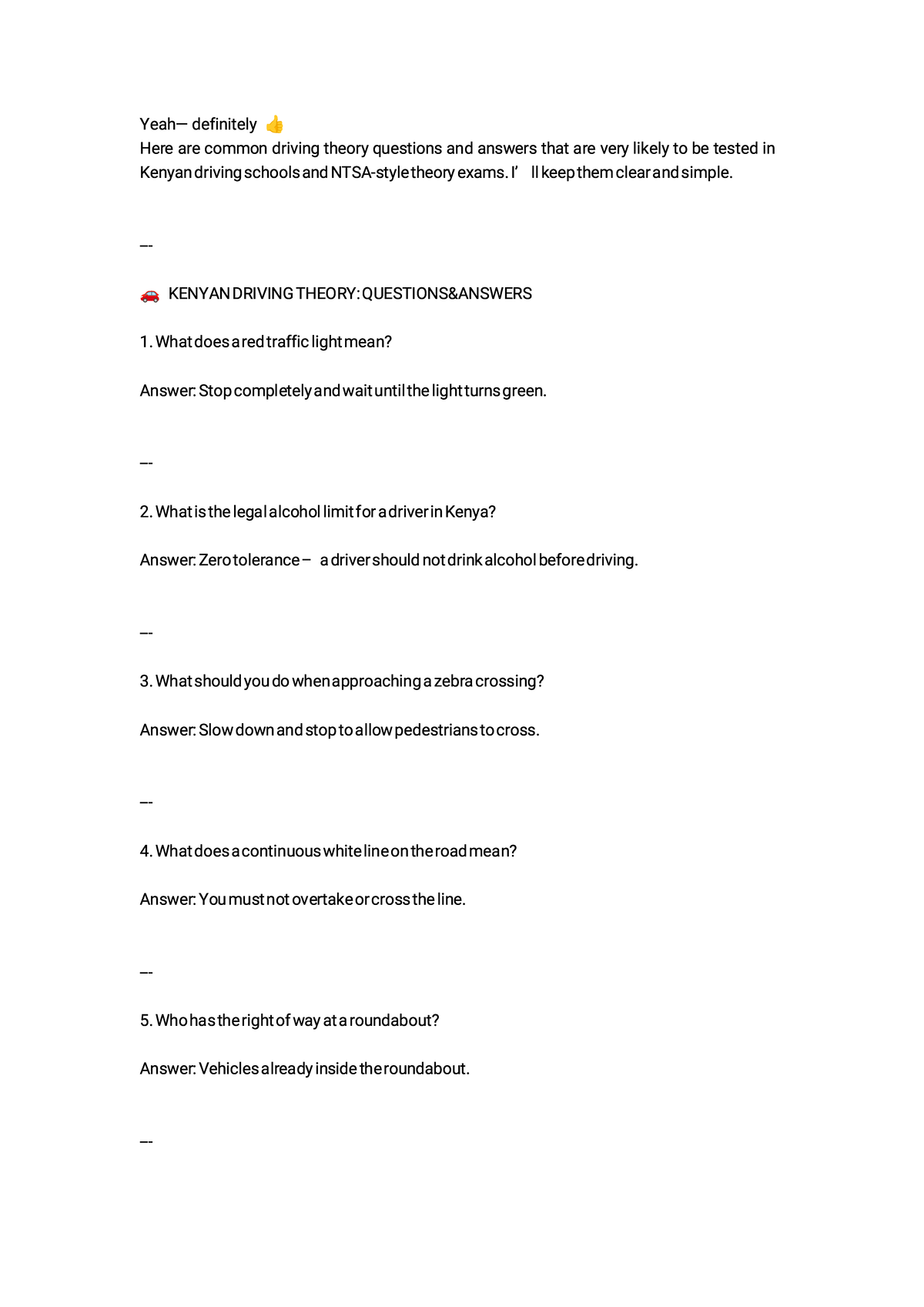 KEN 101: Common Driving Theory Questions & Answers for Exams - Studocu
