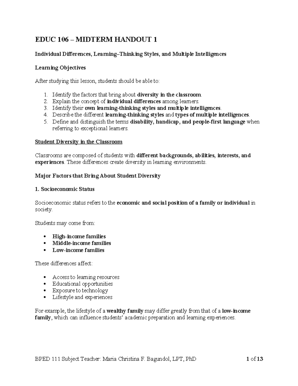 EDUC 106 MIDTERM HANDOUT 1: Individual Differences & Learning Styles ...