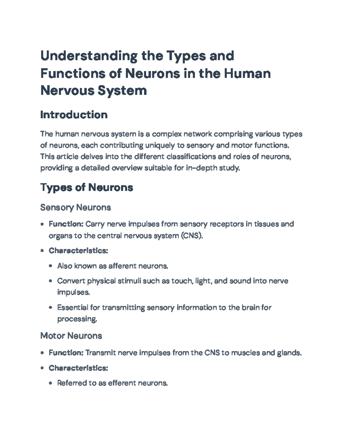 Types and Functions of Neurons in the Human Nervous System: An Overview ...