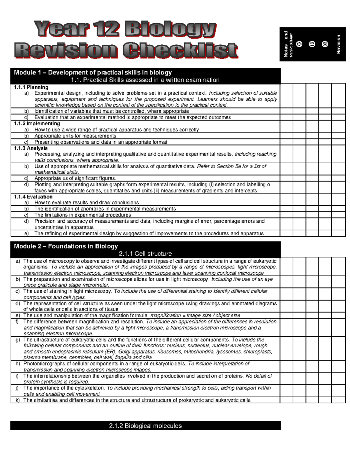 OCR-A-Y12 Biology Revision Checklist: Key Modules & Topics - Studocu