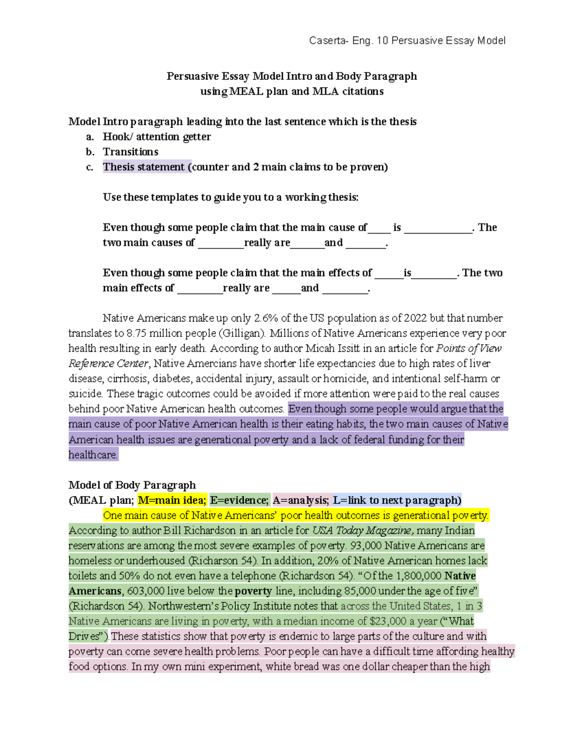 Persuasive model intro, body para; MLA citations Eng. 10 - Caserta- Eng ...