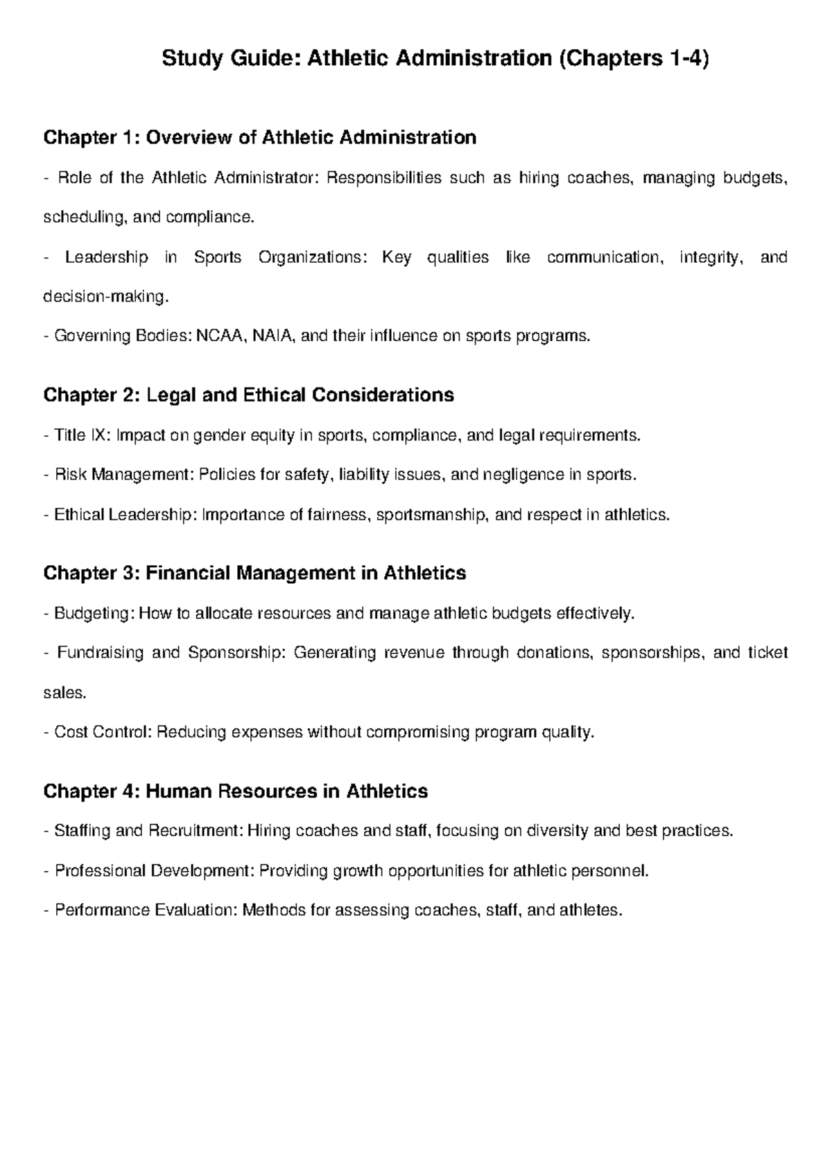 Study Guide for Athletic Administration (Chapters 1-4) - Study Guide ...
