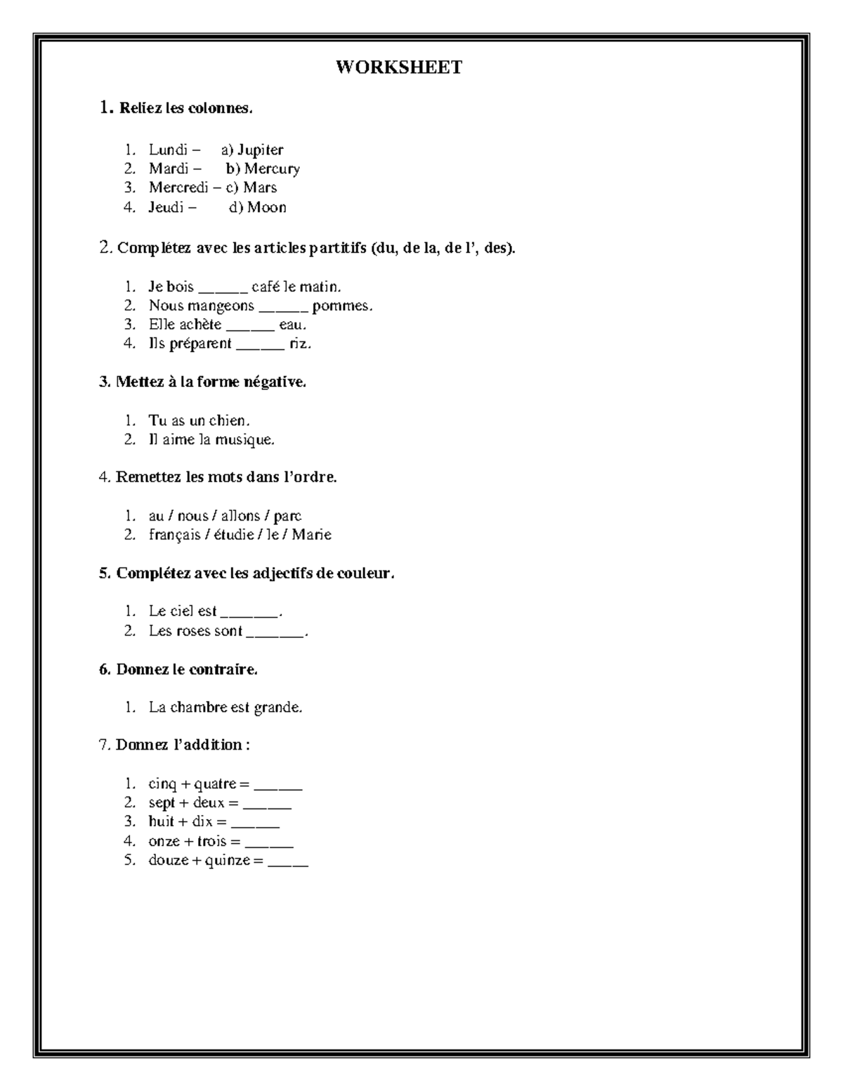 TERM-1 Worksheet 1: Exercises on French Vocabulary and Grammar - Studocu