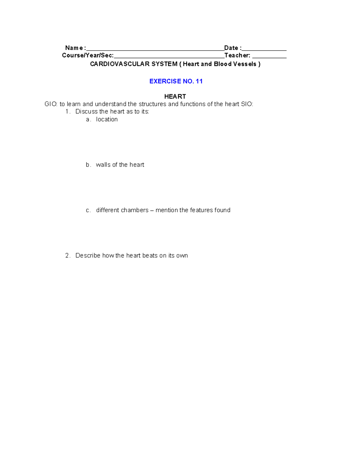 LAB Exercise CVS Heart Blood Vessels - Name : Date : Course/Year/Sec ...