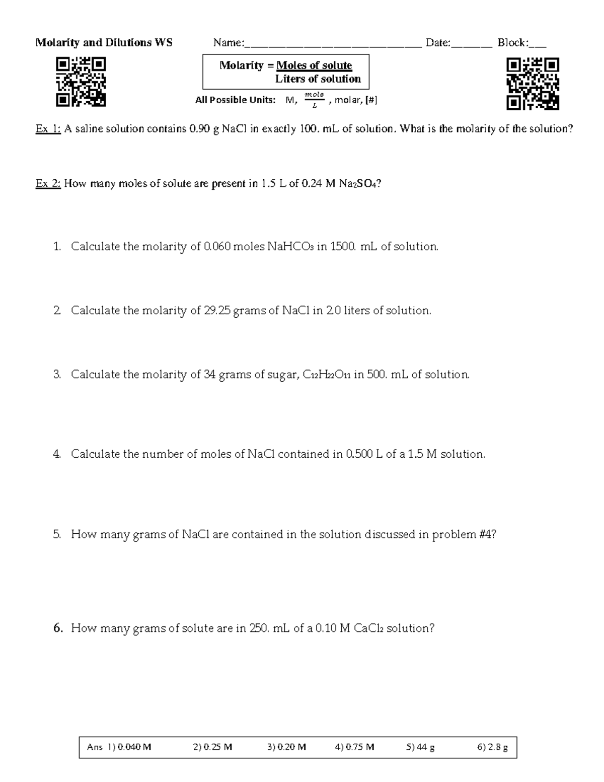 Molarity and Dilutions WS: Calculations and Examples - Studocu