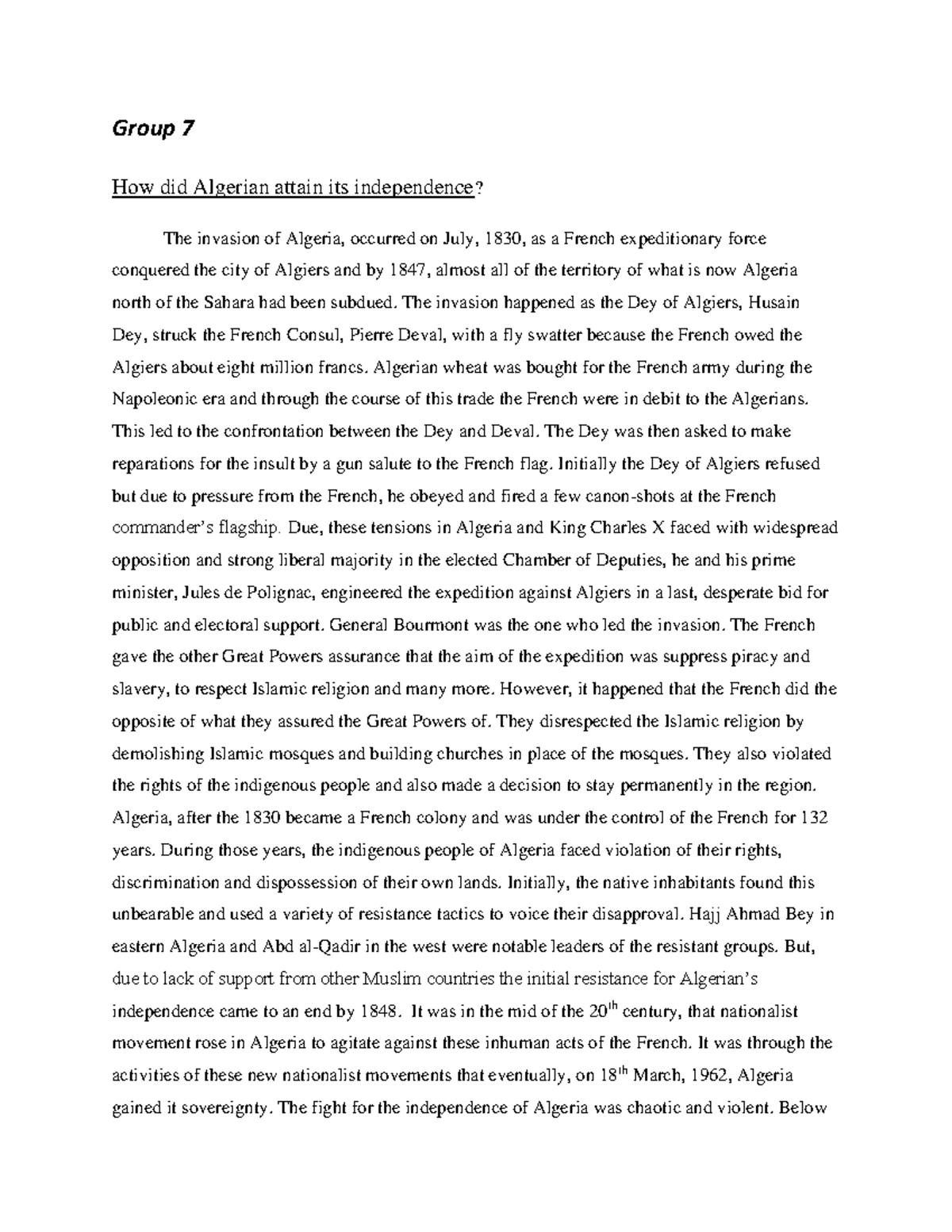 Group 7: Factors and Events Leading to Algeria's Independence - Studocu
